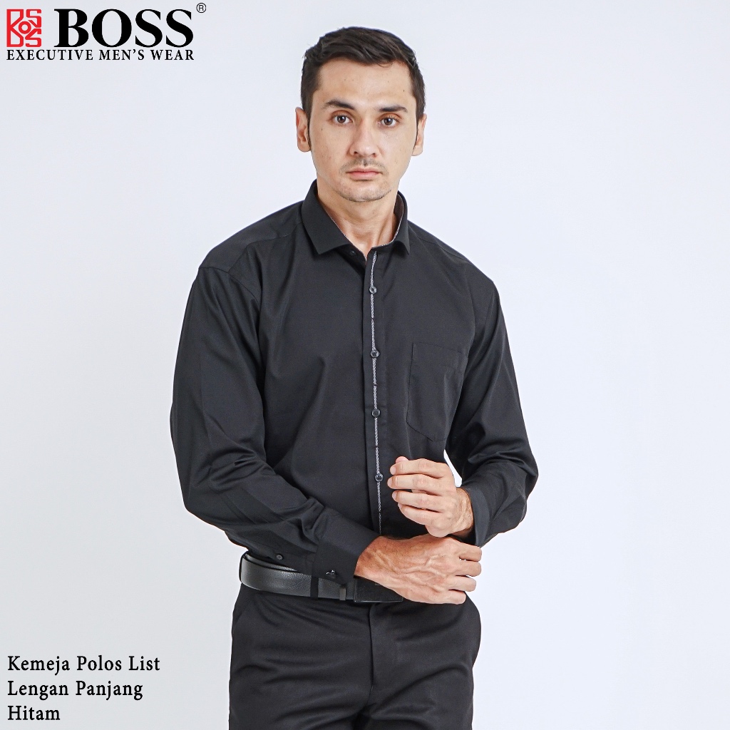 Jual BOSS Kemeja Polos Pria Eco Cotton Kombinasi List Tengah Lengan Panjang Slim Fit 1801 Hitam ...