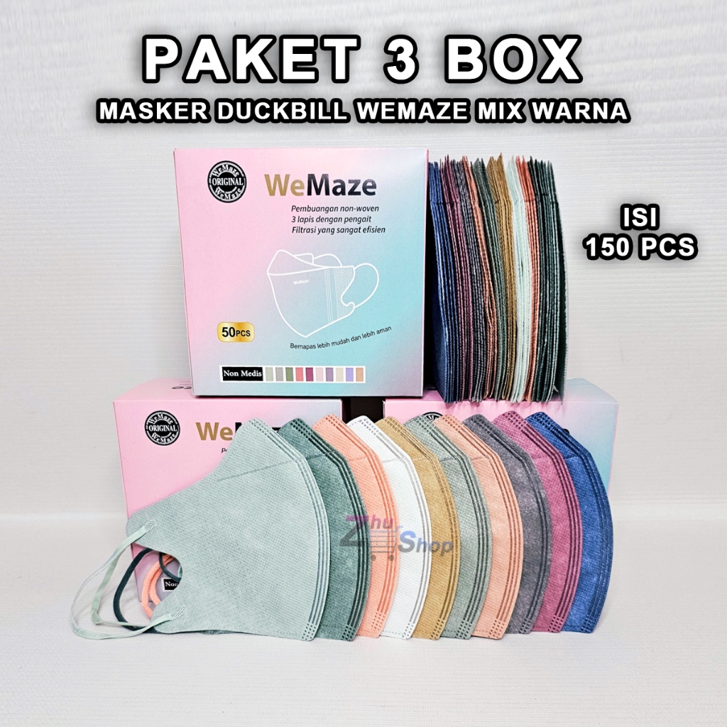Jual PAKET 3 BOX MASKER DUCKBILL WEMAZE MIXWARNA 3PLY ISI 150PCS ...
