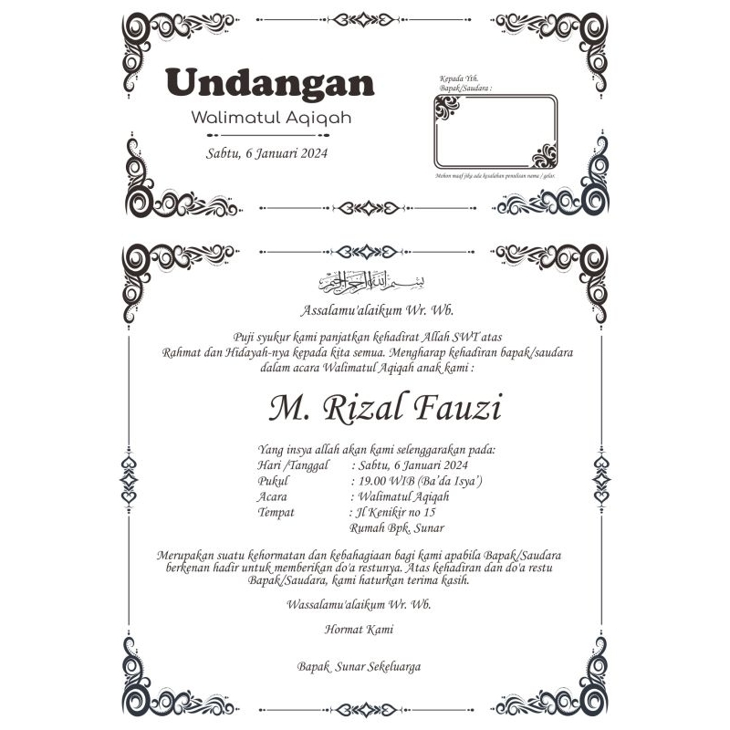 Jual (format 1) Cetak Undangan Tahlil/Tasyakuran/Walimatul Ursy, Khitan ...