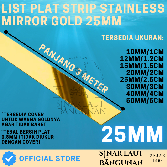 Jual LIST PLAT STRIP MIRROR GOLD STAINLESS STEEL 201 25MM | Shopee ...