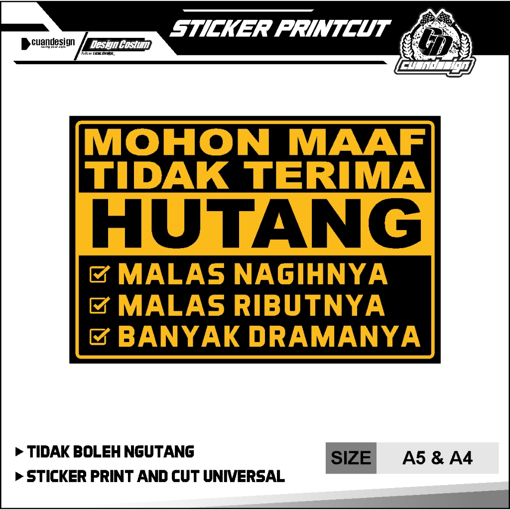 Jual STIKER TIDAK TERIMA HUTANG + LAMINASI GLOSSY UKURAN A5 & A4 ...