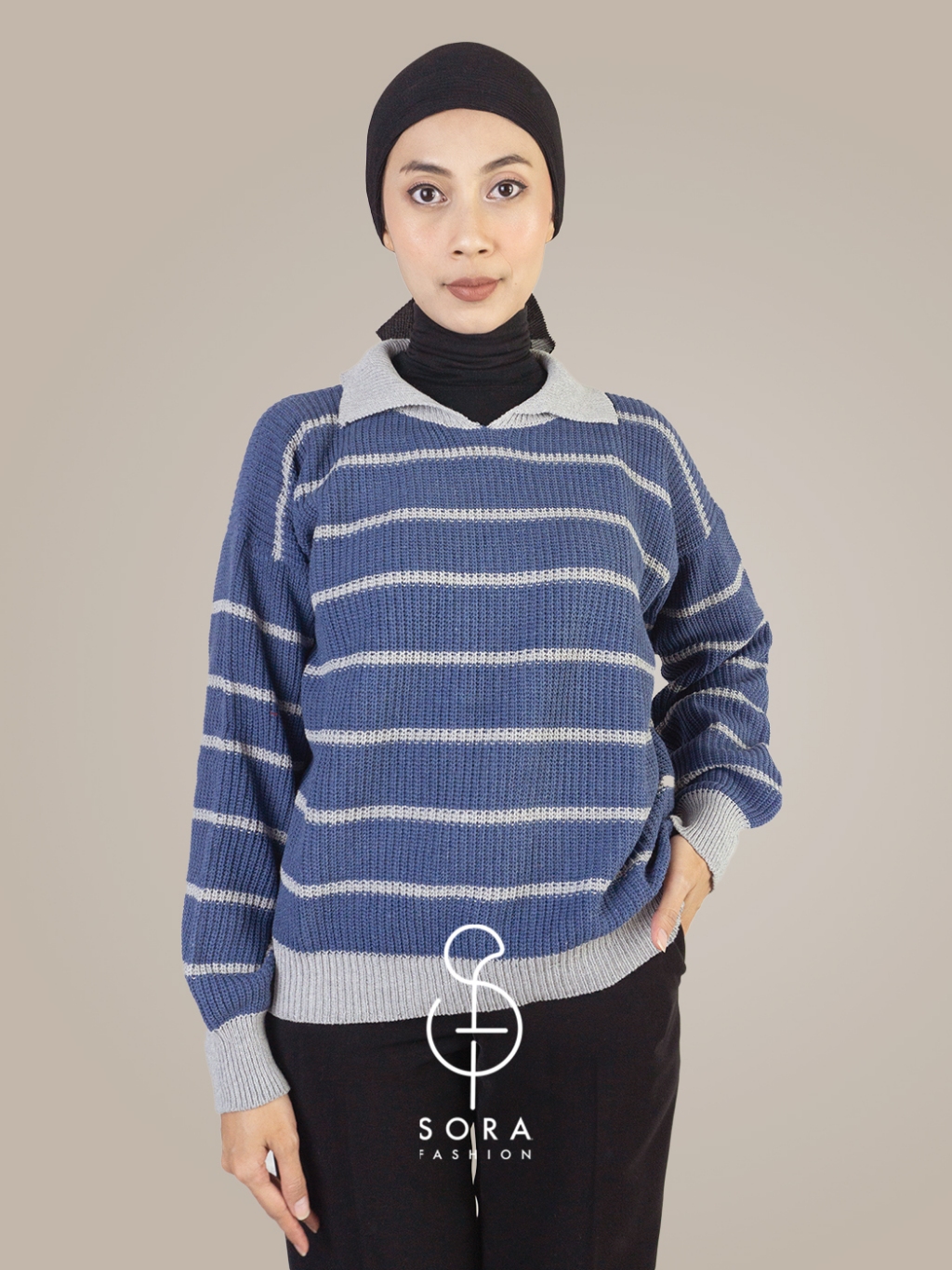 Jual Sweater Polo Rajut Wanita Premium Motif Corak Garis Stripe switer ...