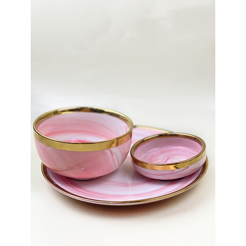 Jual ASHOME Piring Set 1 Orang Piring Makan Set Pink Marble Isi 3 Pcs ...