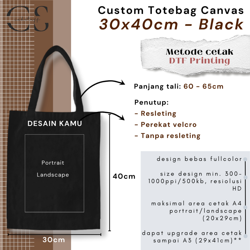 Jual PROMO Tas Totebag Custom Kanvas HITAM Premium 30x40 Pria Wanita Souvenir Pernikahan ...