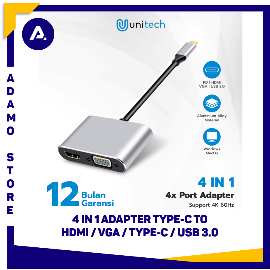 Jual Unitech Adaptor / Converter 4in1 Type-C to HDMI + VGA + USB 3.0 + PD | Shopee Indonesia