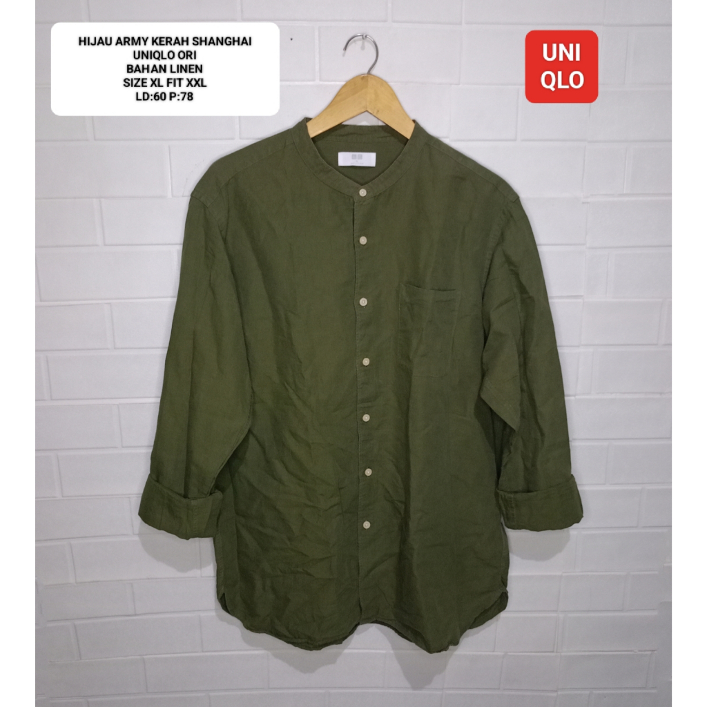 Jual KEMEJA HIJAU ARMY KERAH SHANGHAI UNIQLO ORI SIZE XL FIT XXL BAHAN LINEN | Shopee Indonesia