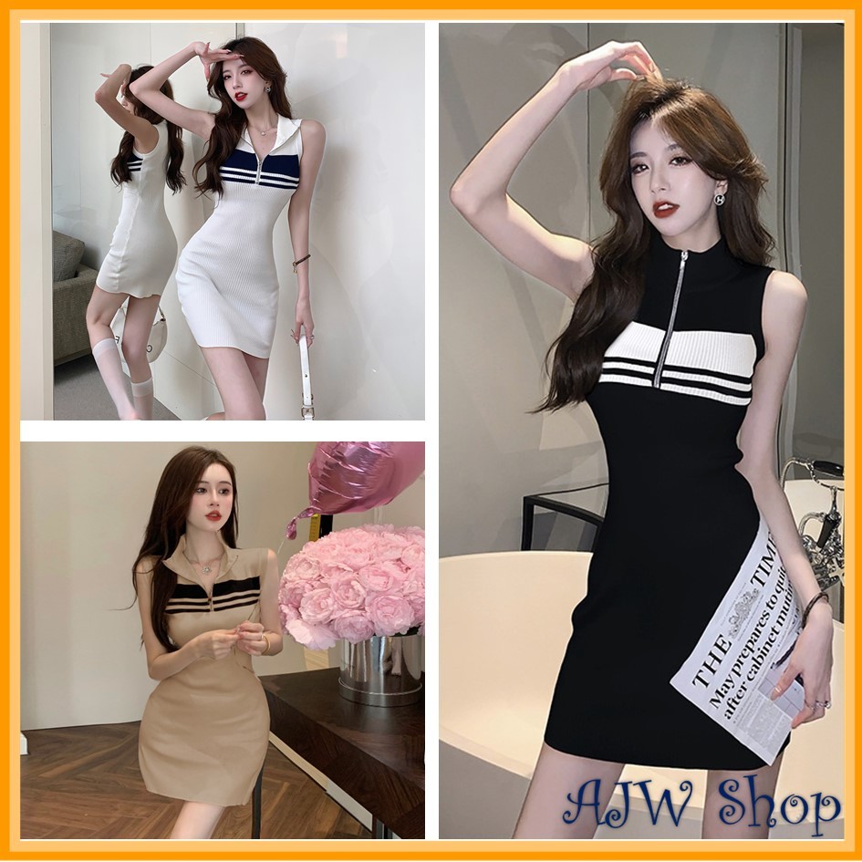 Jual AJW Dress Wanita Bodycon Zipper Tanpa Lengan Knit Premium SAW | Mini Dress Korea Zipper ...