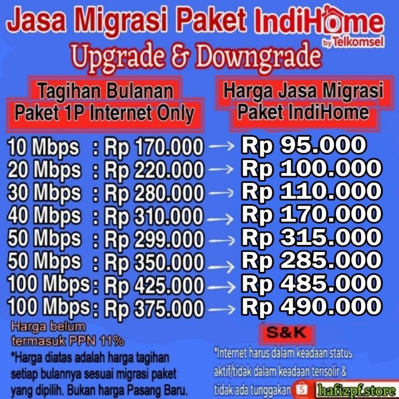 Jual Migrasi Indihome Paket 1P Internet | 10 - 100 Mbps | Downgrade ...