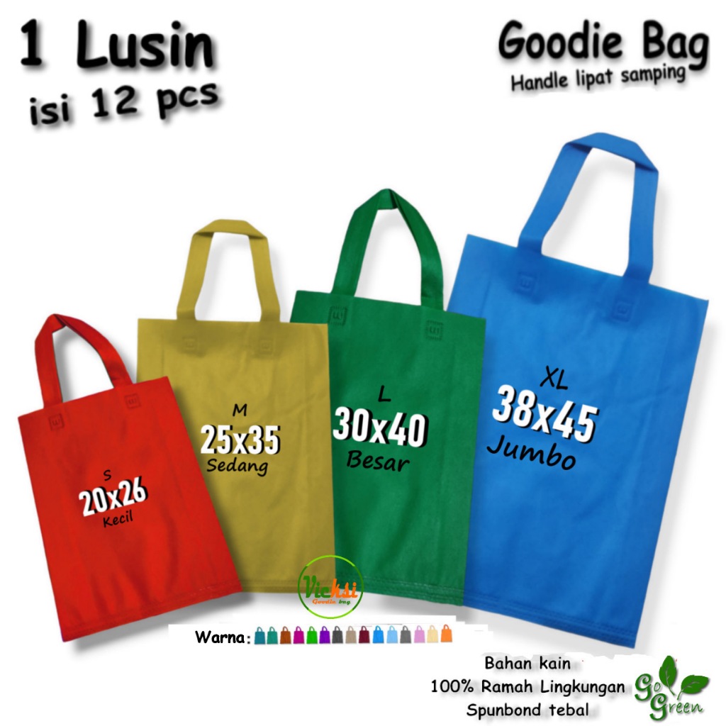 Jual 1 Lusinan 12 pcs Tas Kain Spunbond Goodie bag Handle Tebal Ukuran Jumbo, besar & Kecil ...