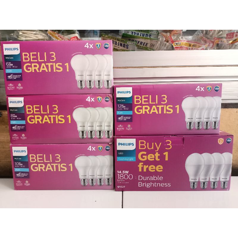 Jual Lampu Led Bulb PHILIPS Mycare Multipack 3+1 Paket 3 Gratis 1 6500K 6 8 10 12 14,5 Watt ...