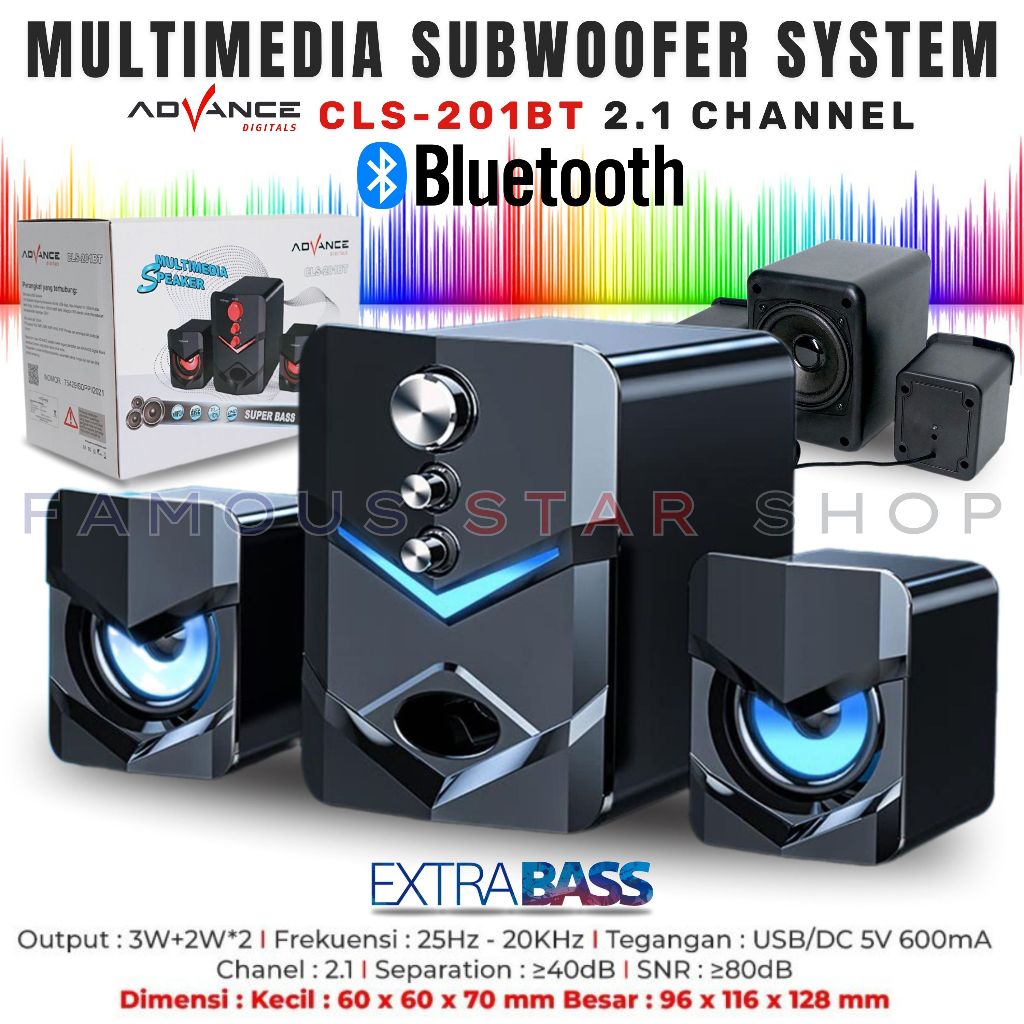 Jual Speaker Bluetooth Multimedia Subwoofer 2.1CH Advance CLS-201BT Ada Kontrol BASS, TREBLE ...