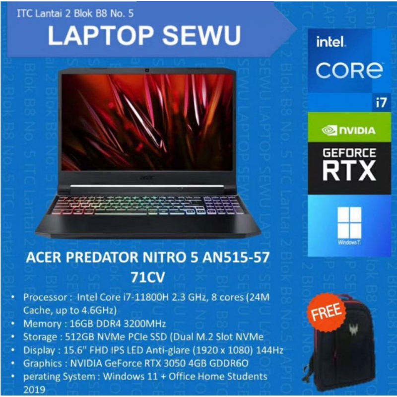 Jual ACER PREDATOR NITRO 5 AN515-57-71CV CORE i7-11800H 16GB 512GB SSD ...