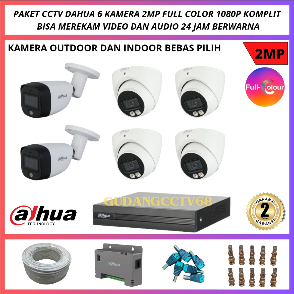 Jual Paket CCTV Dahua Full Colour 8 Channel 6 Camera Dahua 2mp Colorvu Audio Series Komplit Siap ...