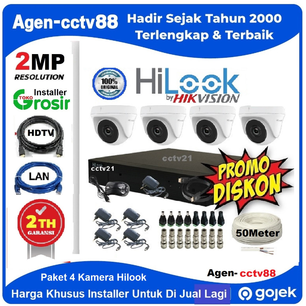 Jual Paket Lengkap 4 Kamera CCTV HILOOK 2MP +DVR 4CH +Kabel 50M+KBL-HDMI+KBL-LAN | Shopee Indonesia
