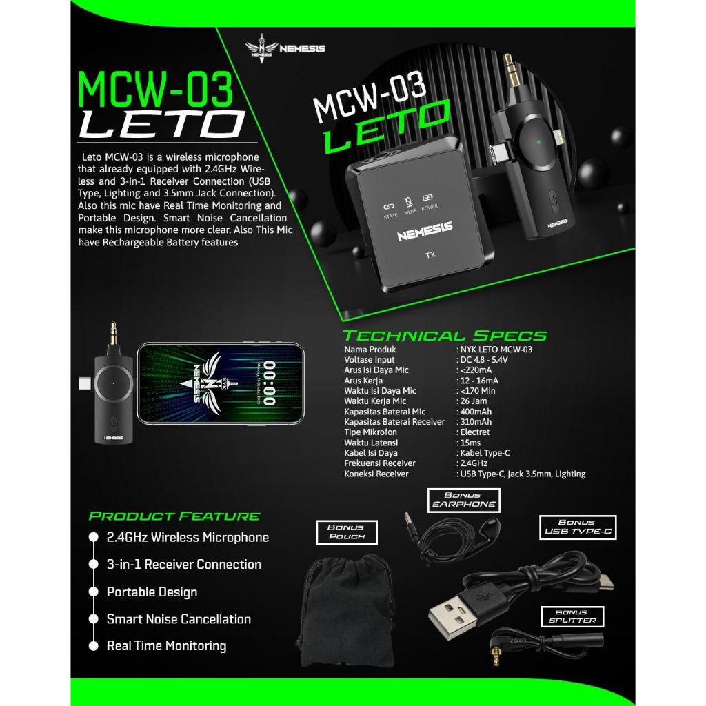 Jual NYK Nemesis LETO MCW03 MCW-03 Microphone Mic Wireless Clip On 3 in 1 | Shopee Indonesia