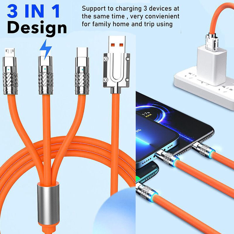 Jual KABEL DATA 120W 3 IN 1 FAST CHARGING KABEL DATA SILIKON 3IN1 1M MICRO TYPE-C IPHONE ...