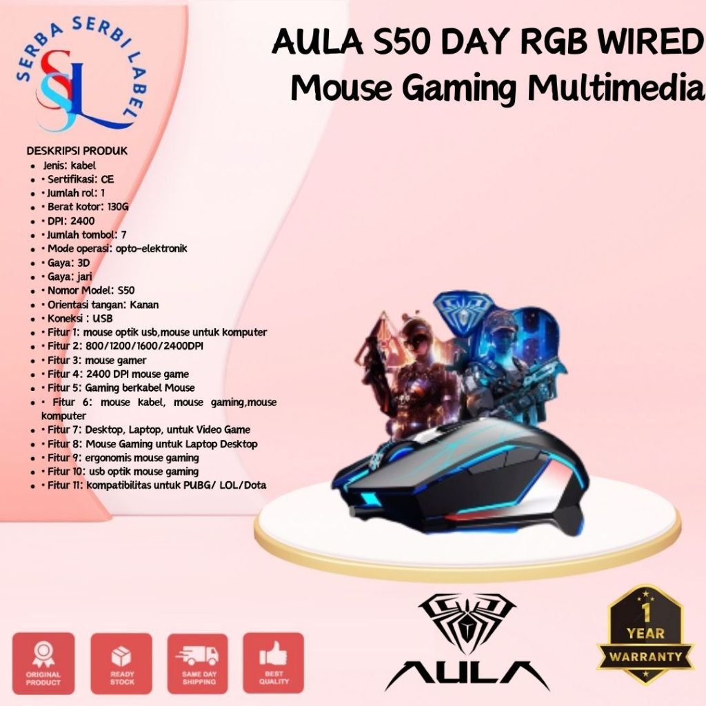 Jual Mouse Gaming Optical AULA S50 2400DPI RGB Breathing Macro 7 Buttons | Shopee Indonesia