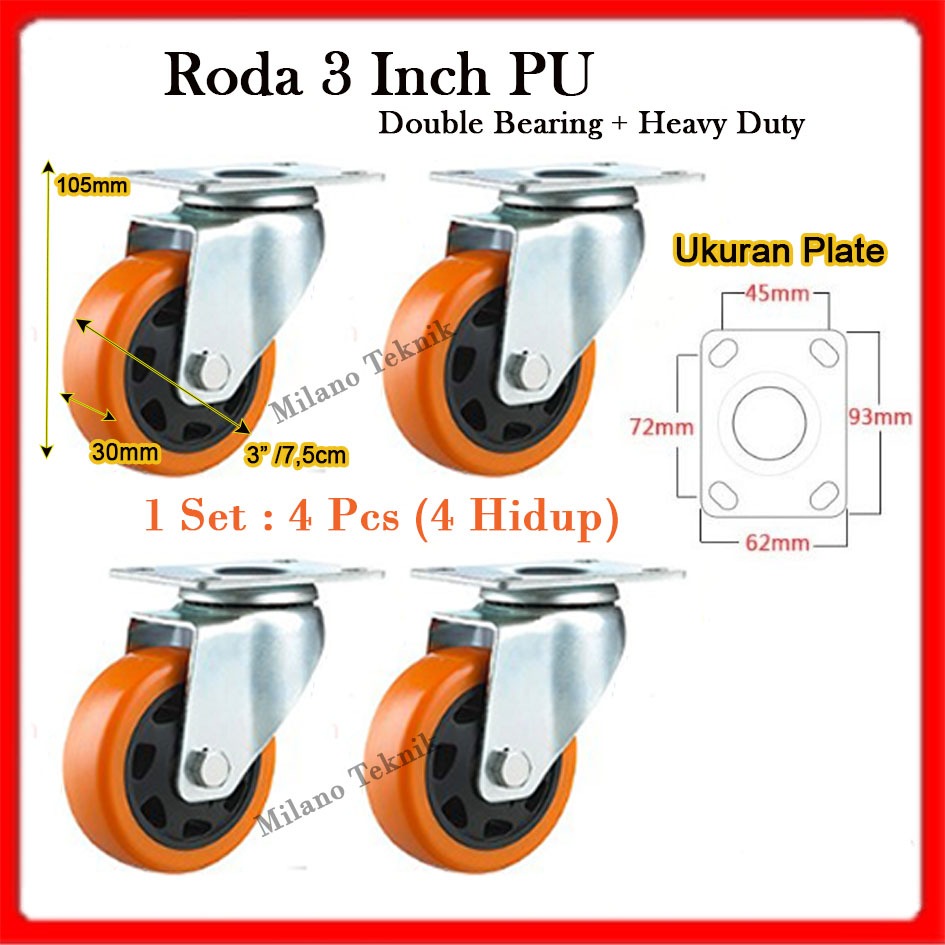 Jual Roda 3 inch PU 1set (4Hidup) Double bearing Heavy Duty Roda troli ...