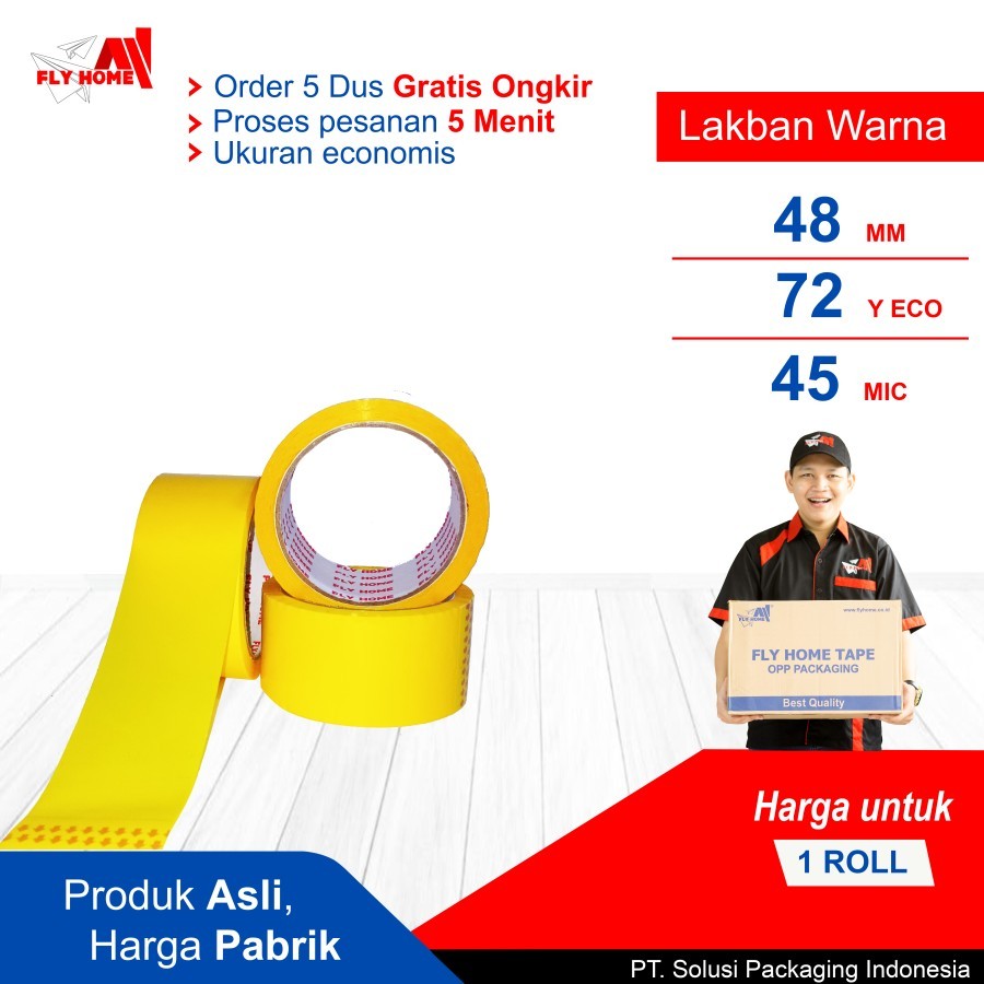 Jual FLYHOME Lakban warna kuning 72 yard 1 roll 48mm x 72yard 2inchi ...