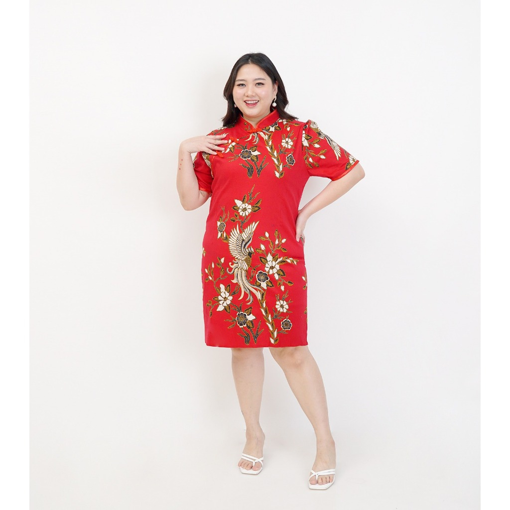 Jual Baju Imlek Dress Wanita Batik Modern Cheongsam Merah Jumbo Big