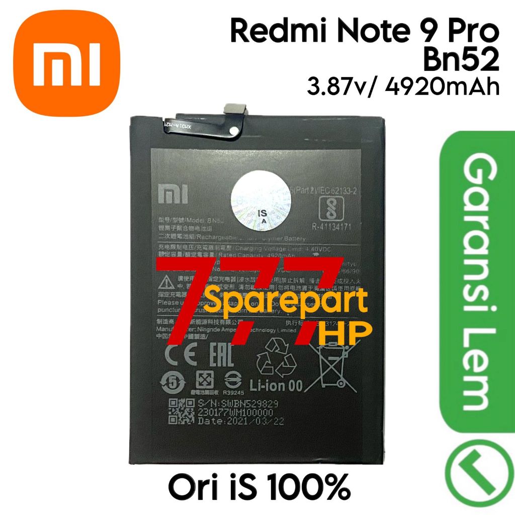 Jual Baterai Original 100% IS - BN-52 / BN52 / Xiaomi Redmi Note 9 Pro ...