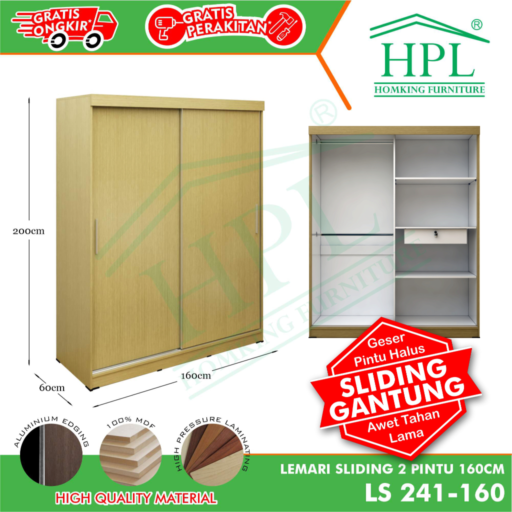 Jual HOMKING Lemari Pakaian Sliding HPL 160 Coklat Muda Kayu | Shopee ...