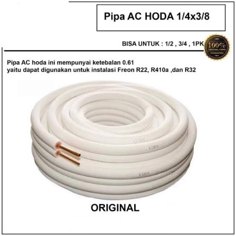 Jual HODA Pipa AC 1/2PK, 3/4PK, 1PK Pipa Ac HODA 1/4 X 3/8 untuk Freon R22, R410a R32 meteran ...