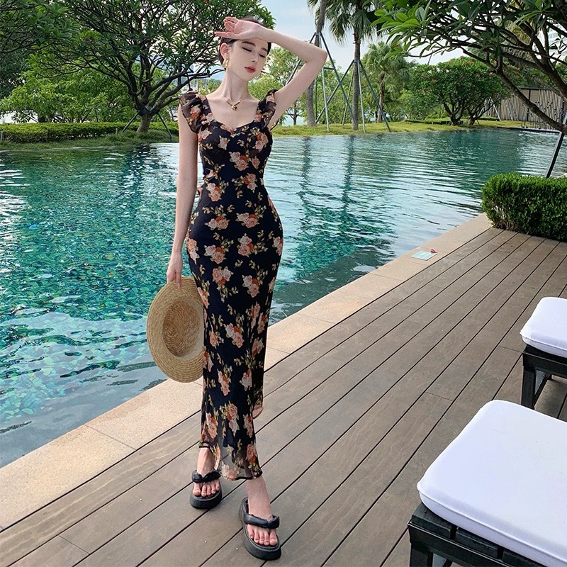 Jual Gaun Bunga Retro Perancis Rok Panjang A-line Pelangsing Pinggang ...