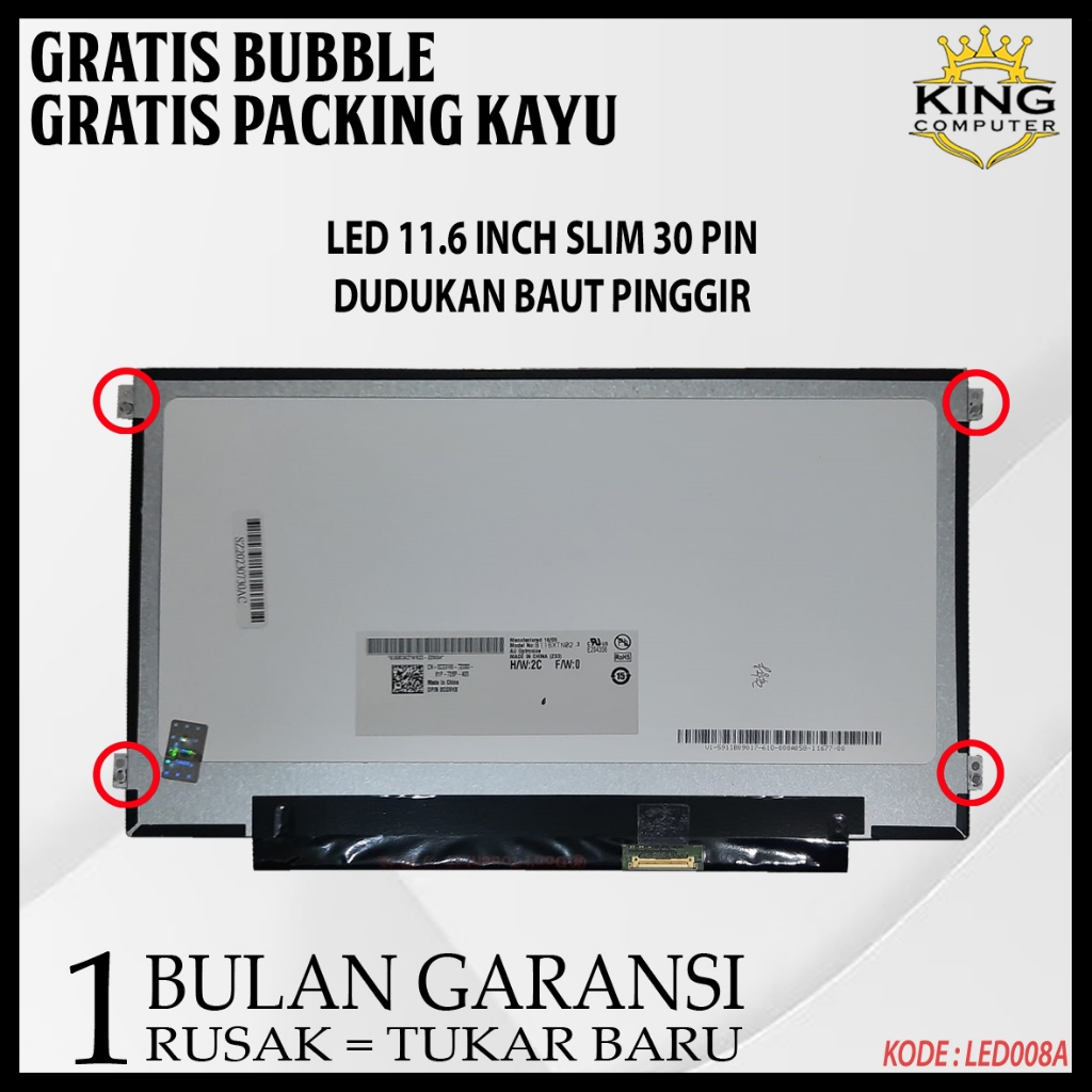 Jual LCD LED NOTEBOOK 11.6 INCH SLIM CONECTOR 30 PIN DUDUKAN BAUT ...