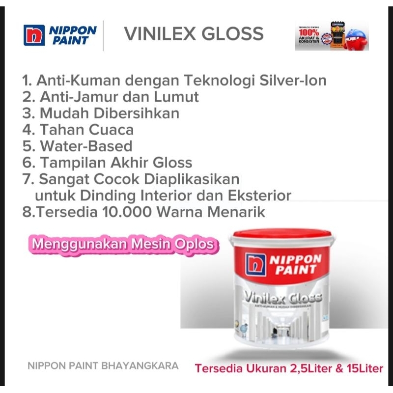 Jual Vinilex Gloss Uk 2,5 liter & 15 liter NIPPON PAINT | Shopee Indonesia