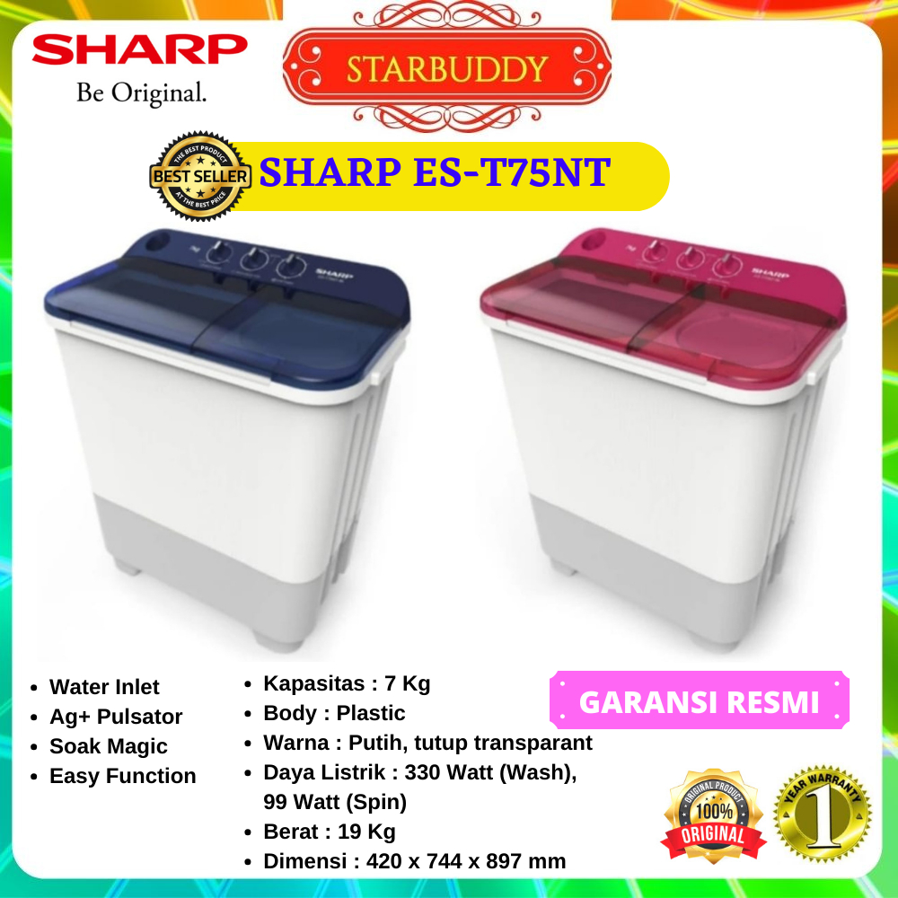 Jual MESIN CUCI SHARP ES-T75NT 75NT 2 TABUNG PURE MAGIC 7 KG | Shopee ...