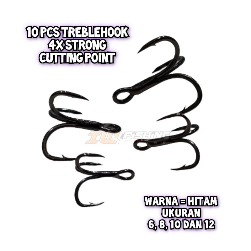 Jual 10 pcs treble hook 4x strong warna hitam ukuran 6, 8, 10 dan 12 ...