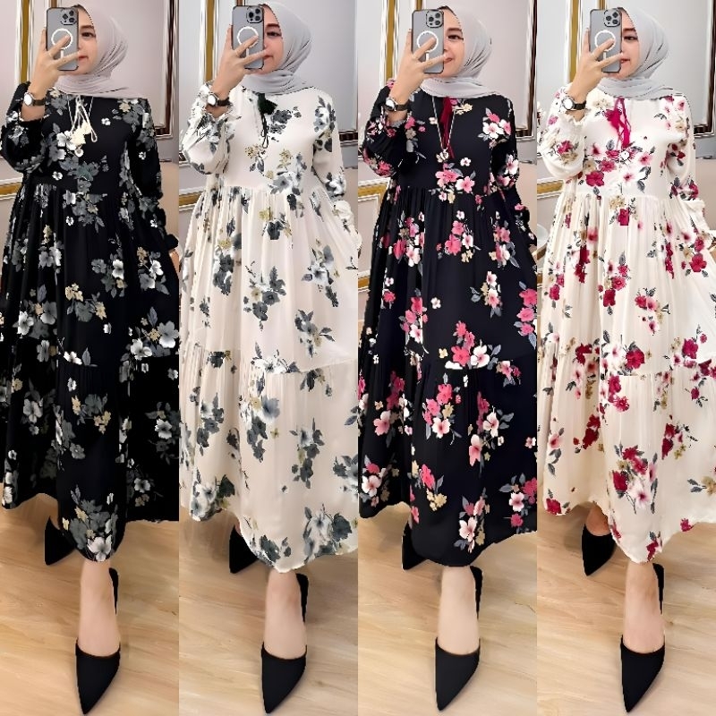 Jual ROSE MIDI DRESS MOTIF BUNGA DAISY BAHAN RAYON- KOREAN DRESS GAMIS ...