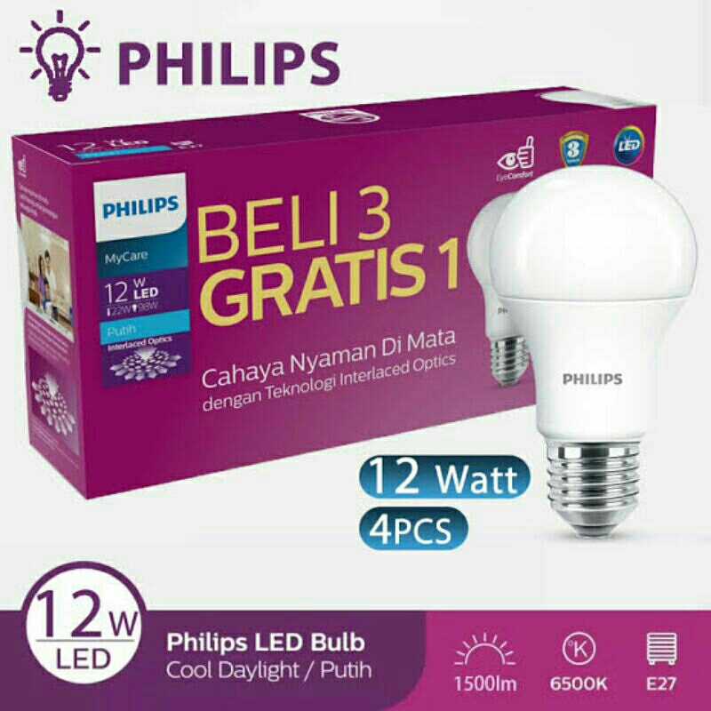 Jual lampu Philips LED 12 watt 6500K putih beli 3 gratis 1 full bubble ...