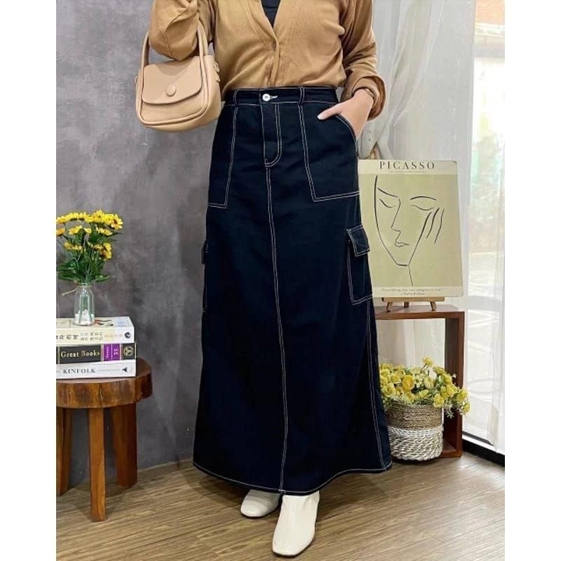 Jual ROK JEANS HITAM/PUTIH //Rok Jeans Span Panjang Gisca Kancing Depan ...