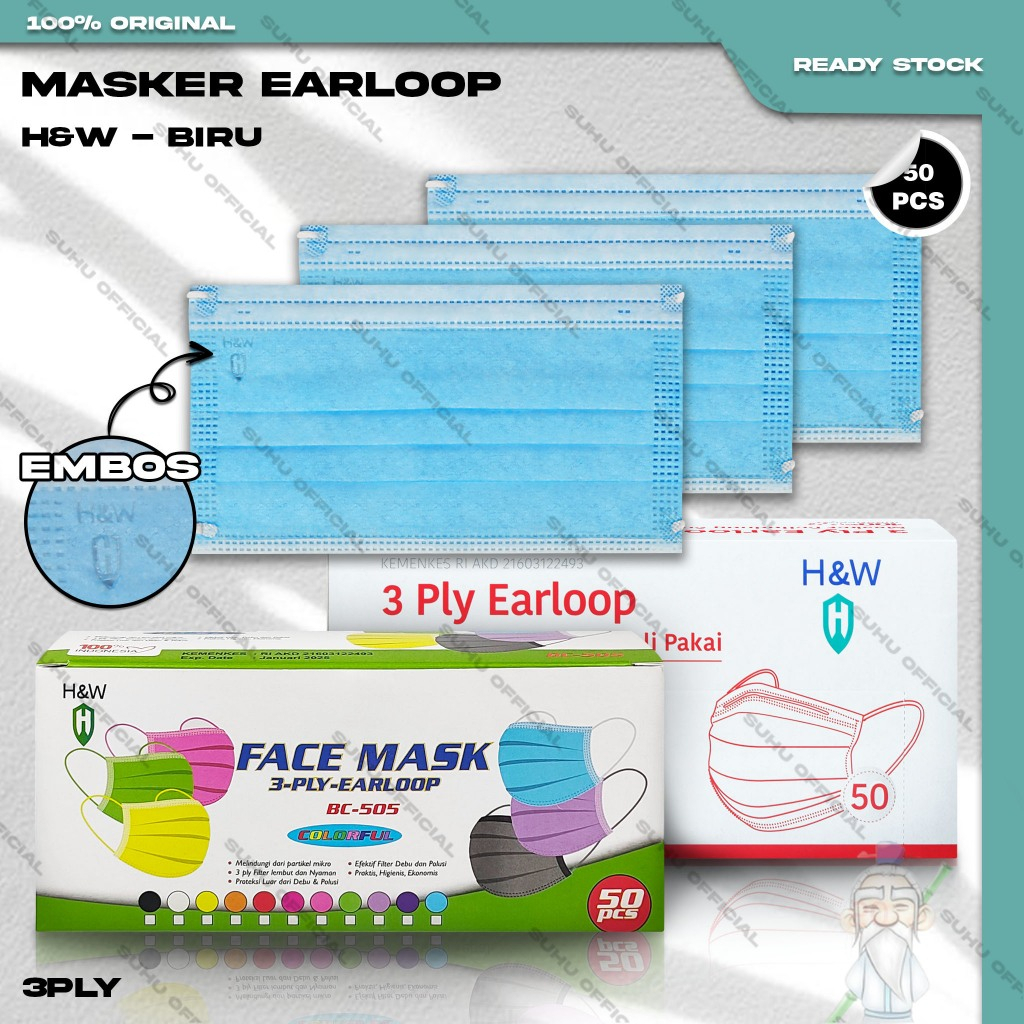 Jual Masker Medis 3Ply H&W isi 50Pcs Warna Biru Blue Surgical Mask 3 ...