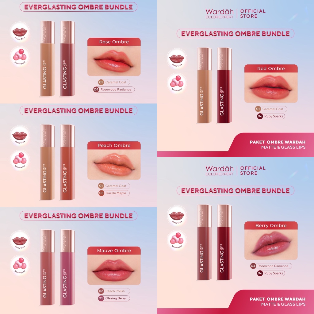 Jual WARDAH Glasting Liquid Lip Ombre Package Indonesia / Paket Lip ...