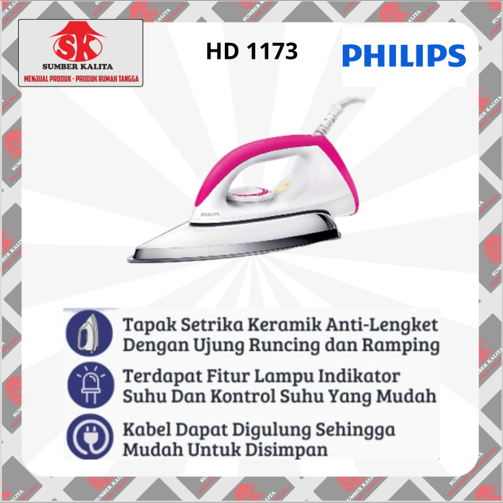 Jual SETRIKA KERING / DRY IRON PHILIPS HD 1173 (WARNA RANDOM) | Shopee ...