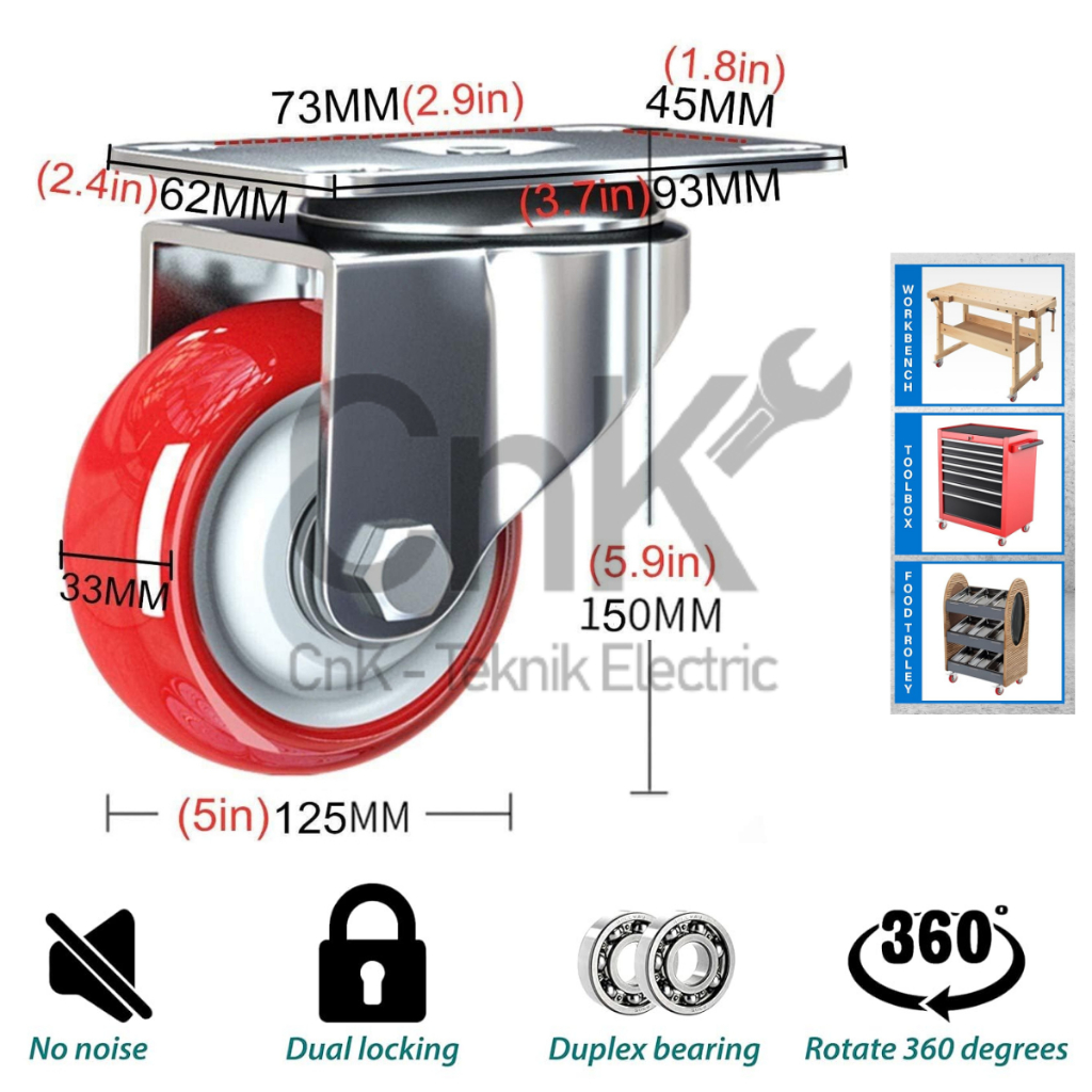 Jual RODA CASTER WHEEL PU MERAH HEAVY DUTY 3 / 4/ 5 INCH RODA TROLY UP TO 180 KG | Shopee Indonesia