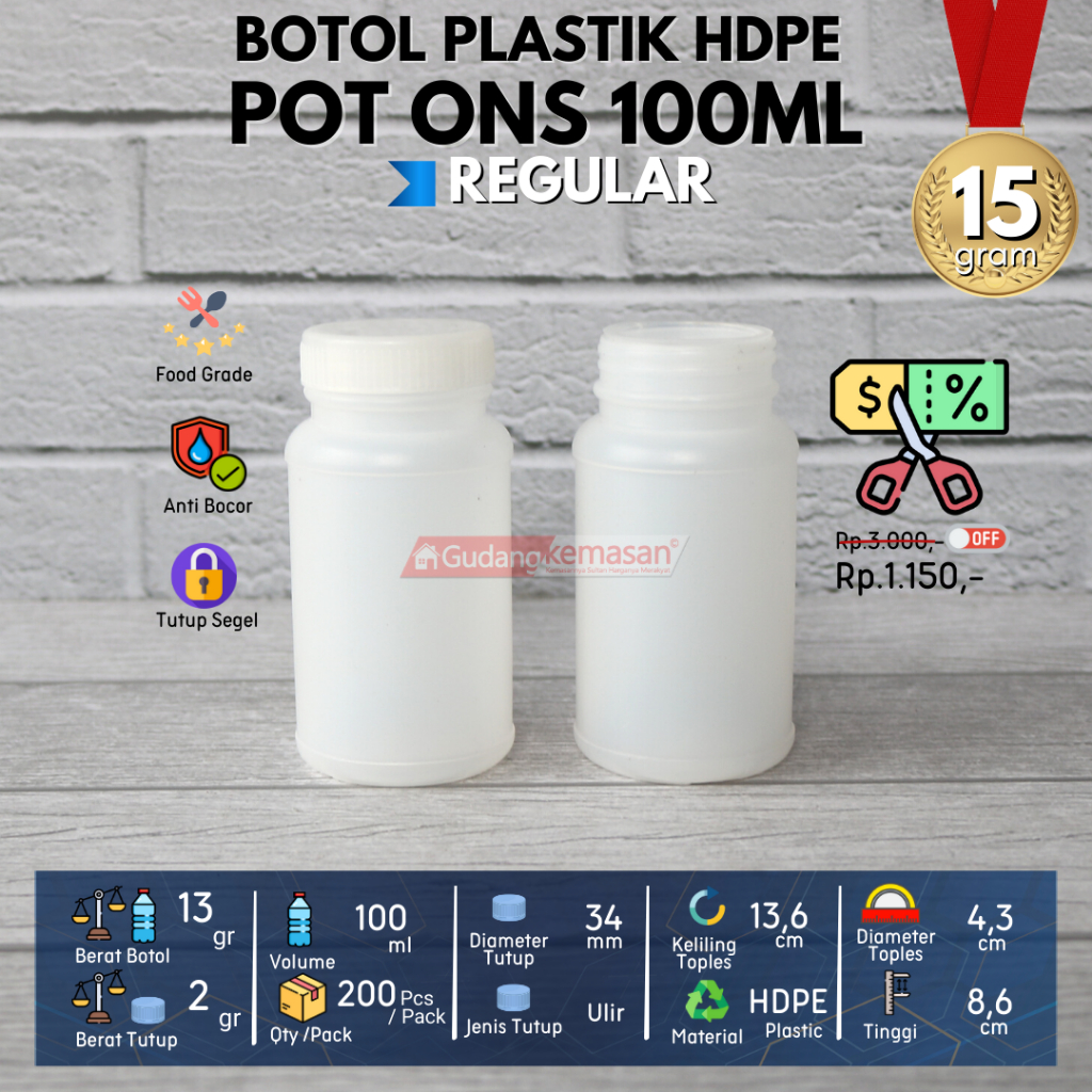 Jual BOTOL PLASTIK HDPE 100ML POT ONS TUTUP ULIR - FLASH | Shopee Indonesia