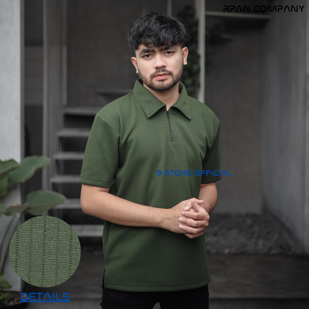 Jual Polo Shirt Zipper Pria / Kaos Polo Knit Motif Salur Kecil Tangan ...