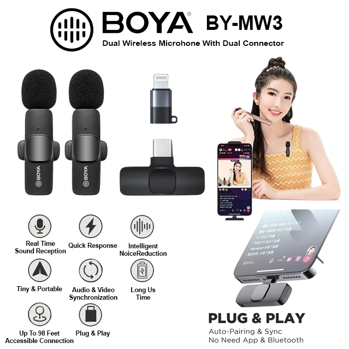 Jual BOYA BY-MW3 Wireless Dual Microphone USB C With Lightning Device Adapter - Mic Clip On ...