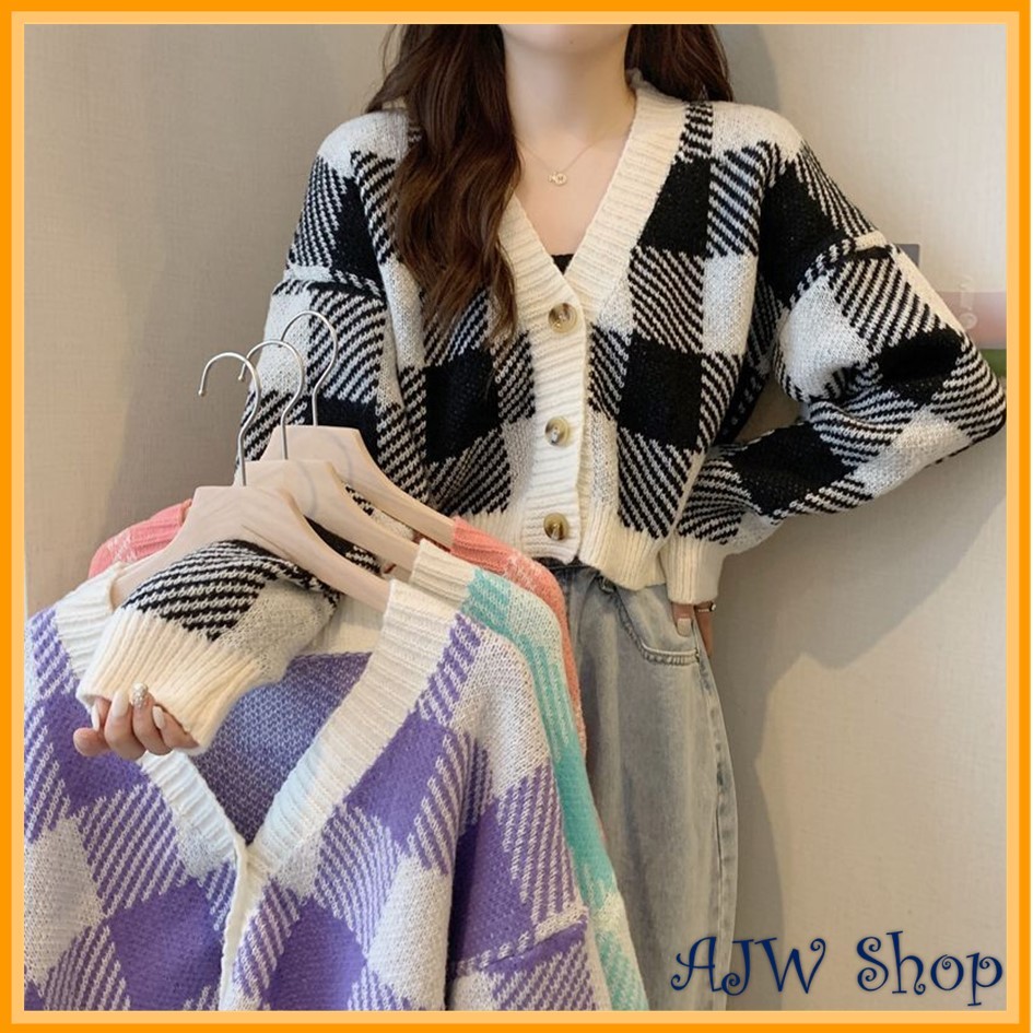Jual AJW Cardigan Wanita Crop Kotak Kotak Knit Premium WBZ | Atasan Crop Wanita Rajut Kotak ...