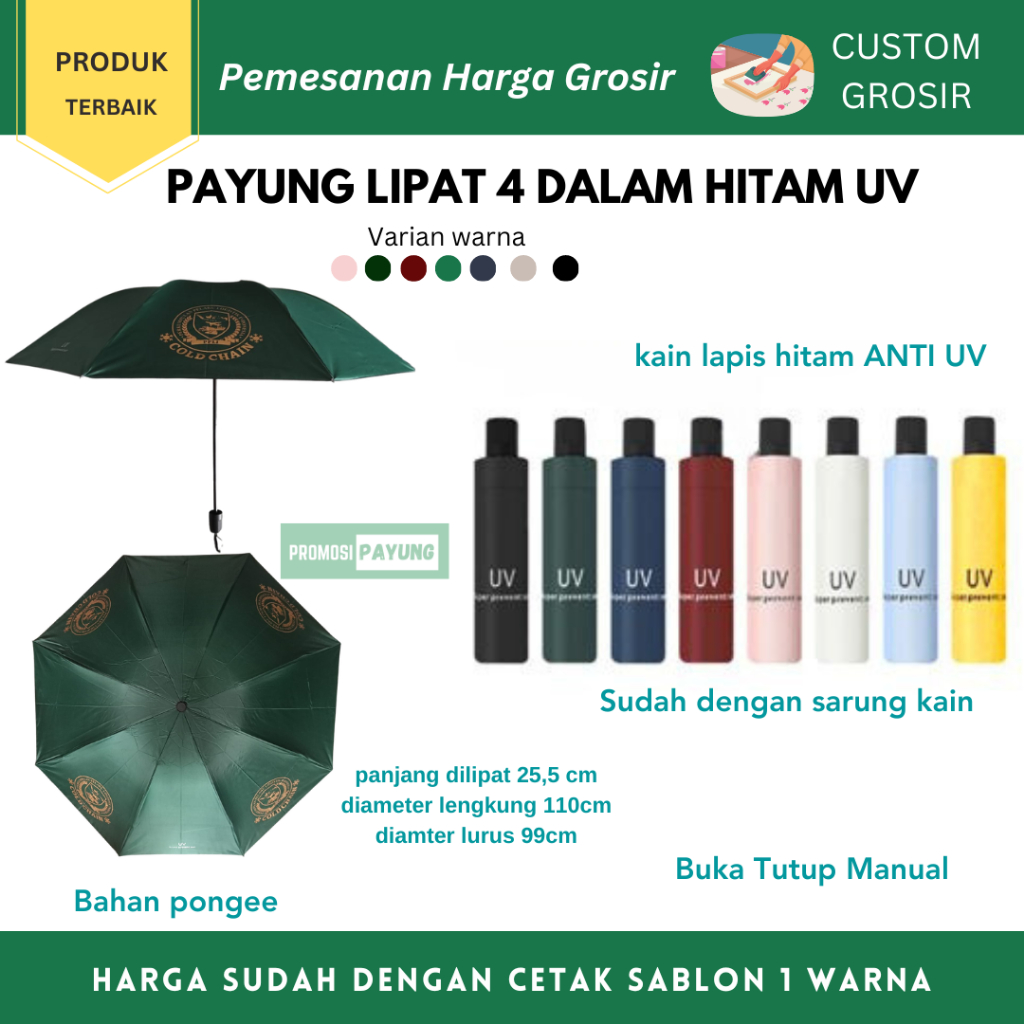 Jual [ PAYUNG CUSTOM GROSIR ] Payung Lipat 4 Manual Anti Sinar UV Dalam ...