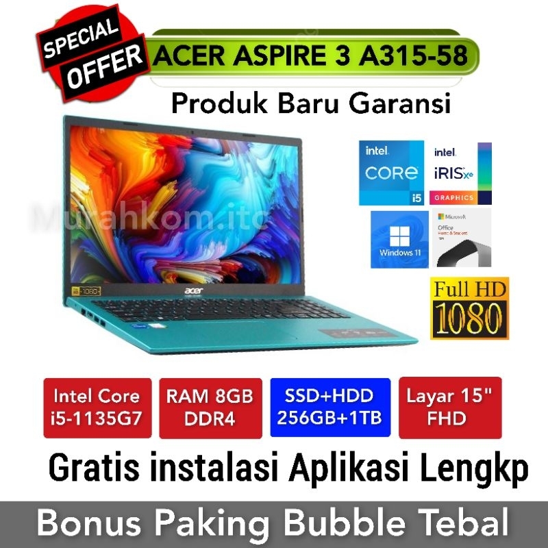 Jual Laptop Acer Aspire 3 core i5 1135G7 RAM 8GB SSD256+1TB HDD 15,6" FHD Windows | Shopee Indonesia