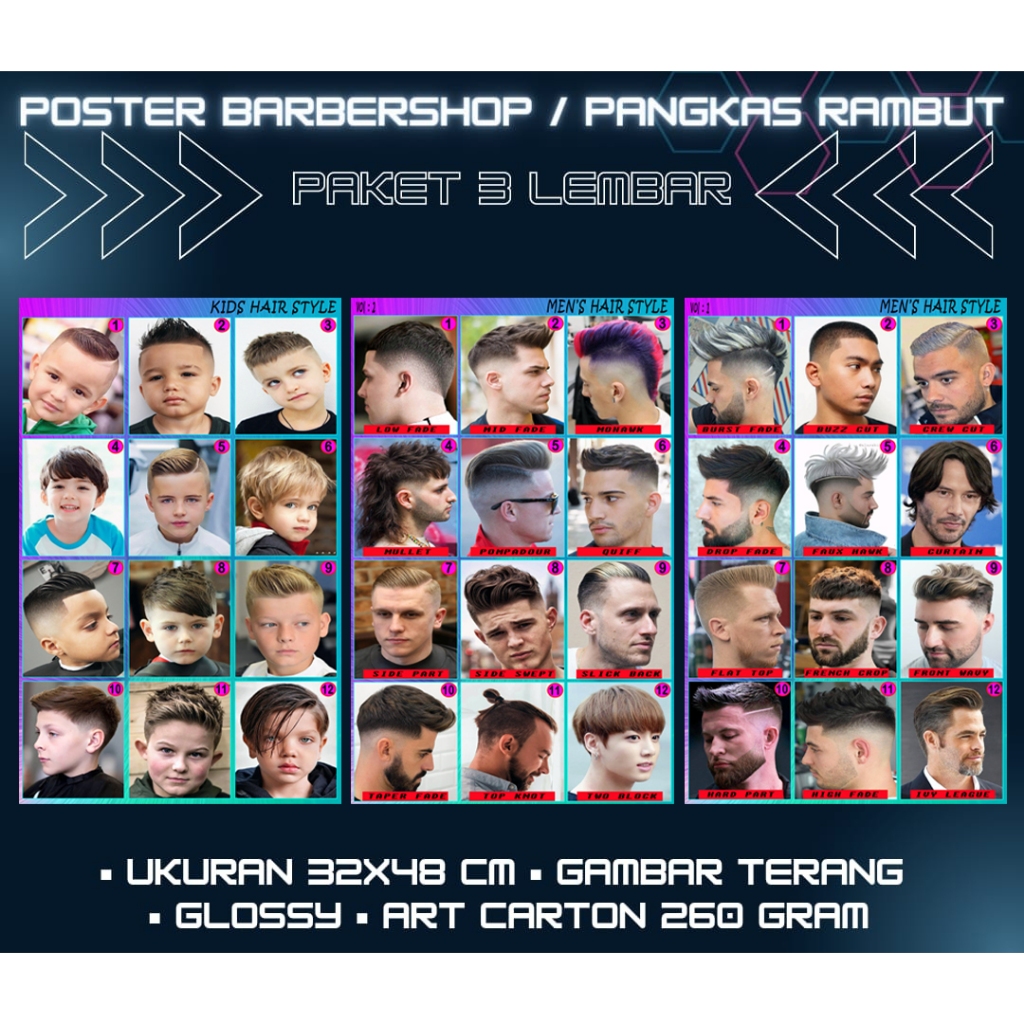 Jual 3 lembar Poster pangkas rambut anak / Model rambut pria / model ...
