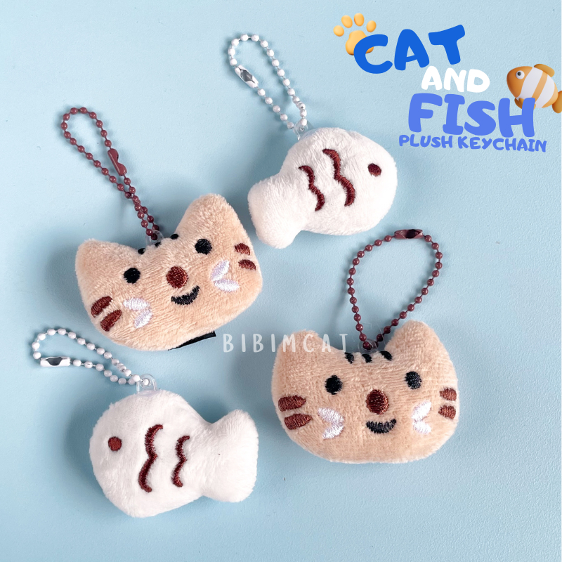 Jual Cat and Fish Plush Mini Keychain / Gantungan Kunci Boneka Kucing ...