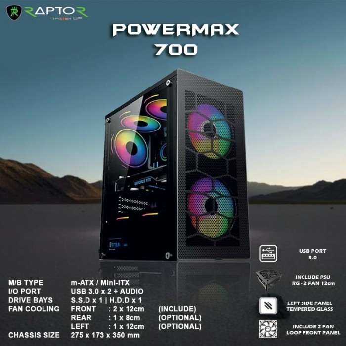 Jual Casing PC Raptor Power Max CPM-700 Black Include 2 Fan & 500W PSU ...