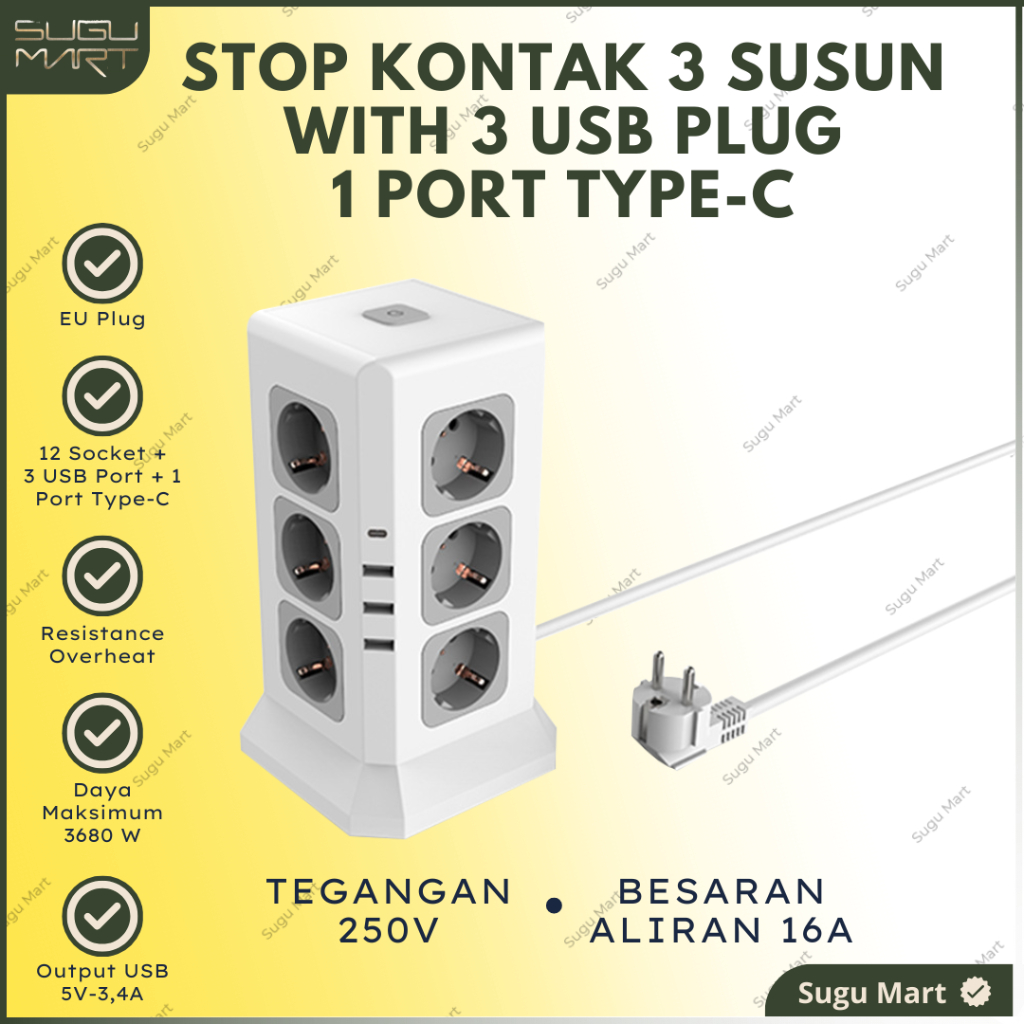 Jual Stop Kontak 3 Susun With 3 Usb Plug Type C | Stop Kontak Usb ...