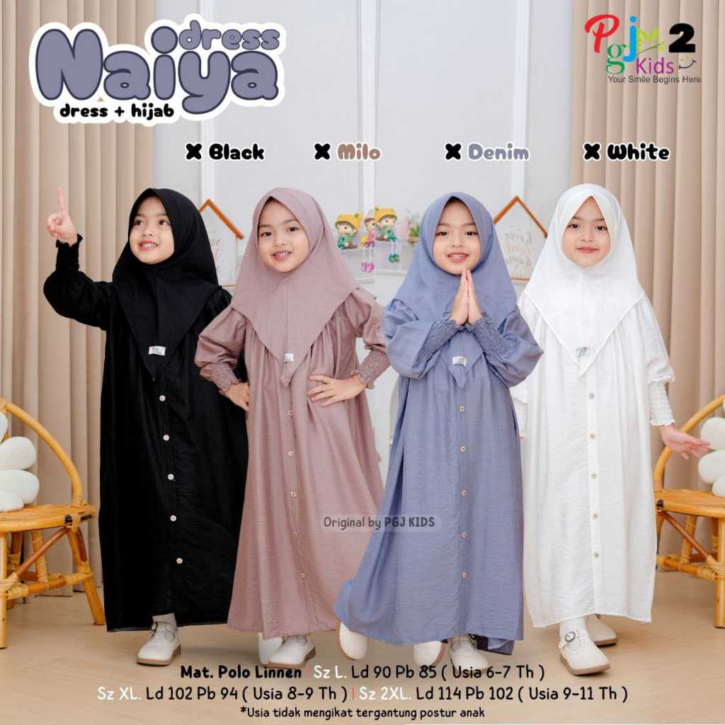 Jual PGJ Kids Naiya Dress Anak Polos Usia 6-11 Tahun Free Jilbab Polo ...